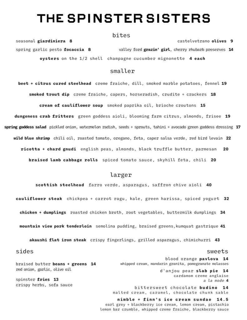 Menus The Spinster Sisters